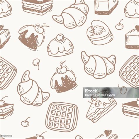 와플 크루아상 케이크 디저트 컵케이크 흰색 배경에 케이크 조각이 있는 매끄러운 패턴 벡터 그림입니다 디자인과 장식 배경 화면 및 직물을위한 선형 손으로 그린 낙서 가리기에