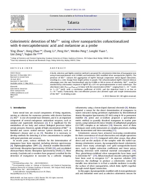 Pdf Colorimetric Detection Of Mn2 Using Silver Nanoparticles Cofunctionalized With 4