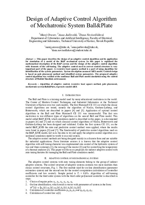 Pdf Design Of Adaptive Control Algorithm Of Mechatronic System Ballandplate