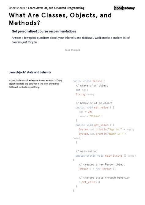 Learn Java Oop Classes Objects And Methods Cheatsheet Cs101 Studocu