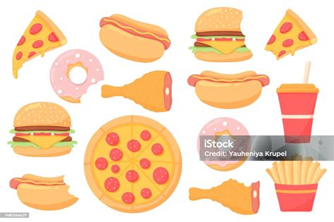 패스트 푸드 세트 길거리 음식의 컬렉션입니다 피자 버거 핫도그 감자 튀김 도넛 음료 감자 요리에 대한 스톡 벡터 아트 및 기타 이미지 Istock