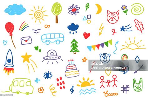 귀여운 아이 꽃 구름 태양 여름 그림 손으로 그린 낙서 색상 스케치 어린이 귀여운 벡터 학교 분필 배경 벽지 아이 낙서 크레용 스타일 라인 꽃 구름 낙서 패턴 벡터 관목에