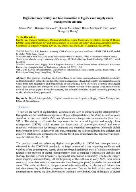 Pdf Digital Interoperability And Transformation In Logistics And