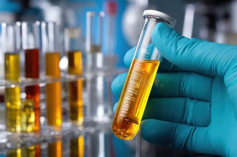 Test Tube With Urine Sample Held By Gloved Hand In Lab Stock Image