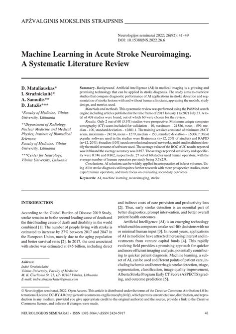 Pdf Machine Learning In Acute Stroke Neuroimaging A Systematic Literature Reviewmachine