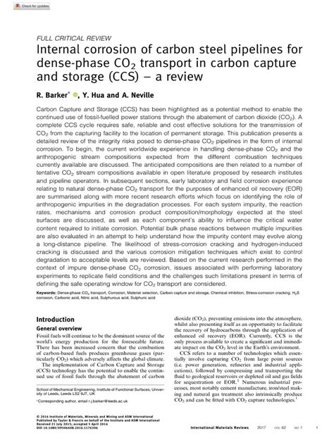 Barker Et Al 2017 Internal Corrosion Of Carbon Steel Pipelines For Dense Phase Co2 Transport In