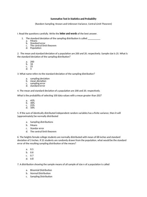 Summative Test Sampling Distribution Known And Unknown Variance Clt Wps Office Pdf Errors