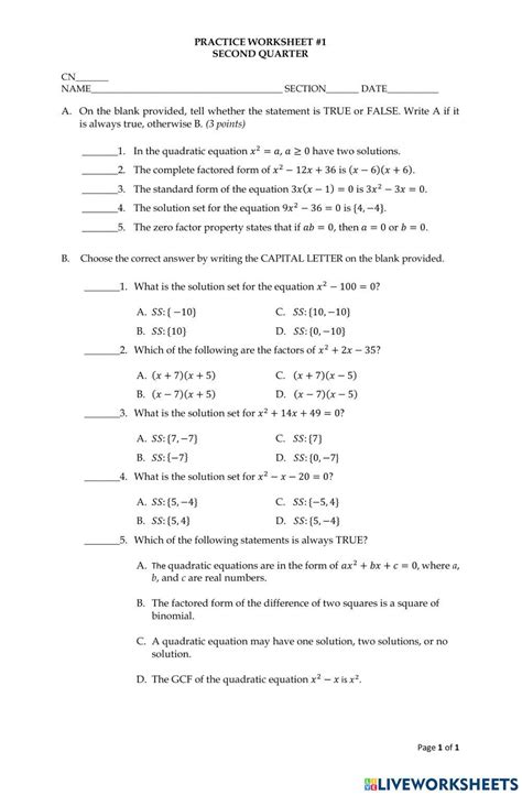 Solving Quadratic Equations Online Exercise For Live Worksheets