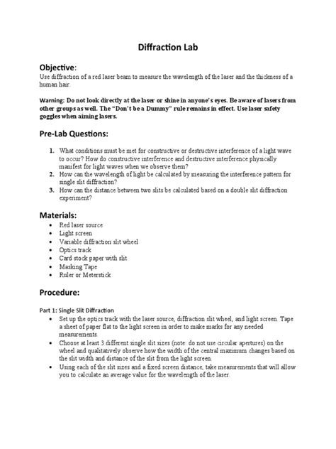 Diffraction Lab Pdf Diffraction Wavelength
