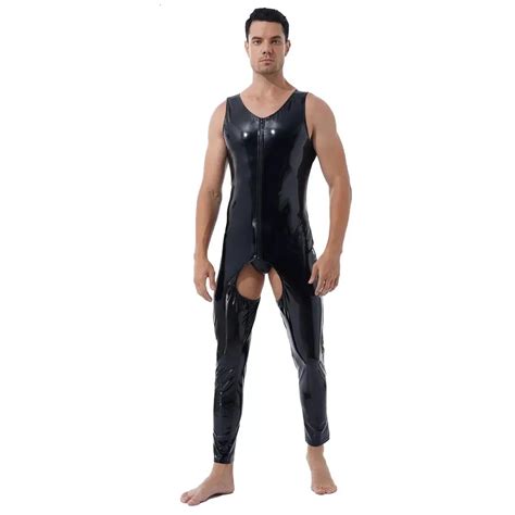 Plus Size Mens Sexy Open Crotch Pvc Leather Jumpsuit Erotic Shaping Latex Bodycon For Sex Male