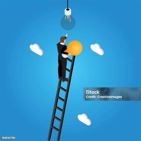 성공 사업가 지도자는 전구를 바꾸기 위해 사다리를 올라갑니다 3차원 형태에 대한 스톡 벡터 아트 및 기타 이미지 3차원 형태 경영자 고용과 노동 Istock