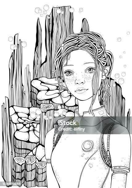 귀여운 로봇 소녀 젠탱글 배경 아메리칸 캐년 모뉴먼트 밸리 성인과 어린이를 위한 흑백 낙서 색칠하기 책 페이지 달 표면에 대한