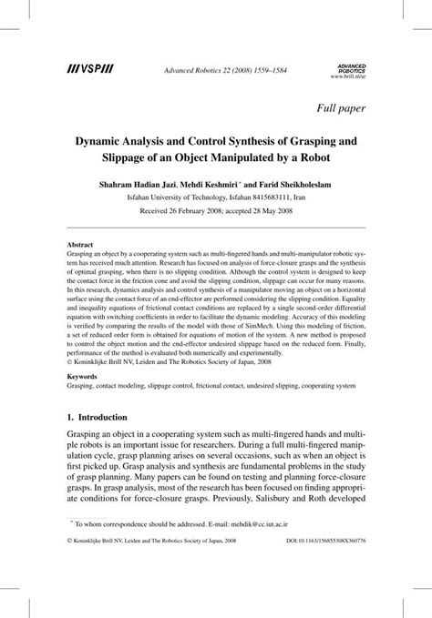 Pdf Dynamic Analysis And Control Synthesis Of Grasping And Dynamic Analysis And Control