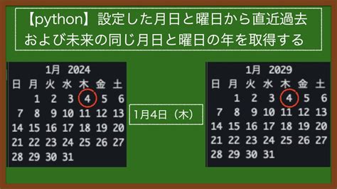 python設定した月日と曜日から直近過去および未来の同じ月日と曜日の年を取得する えのう