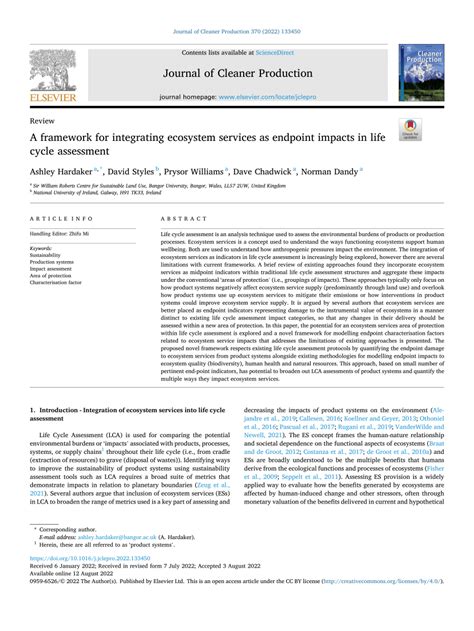 Pdf A Framework For Integrating Ecosystem Services As Endpoint