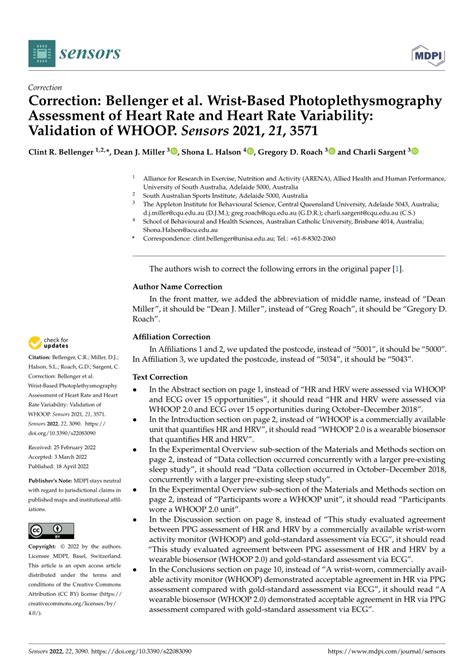 Pdf Correction Bellenger Et Al Wrist Based Photoplethysmography Assessment Of Heart Rate And