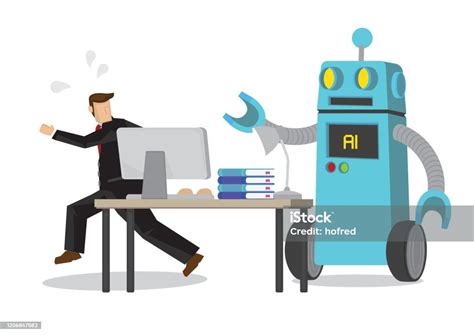 로봇은 자신의 일을함으로써 사무실 노동자를 쫓아 고립 된 벡터 만화 그림입니다 로봇에 대한 스톡 벡터 아트 및 기타 이미지 로봇 인원 삭감 개념 Istock