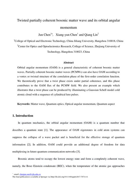 Pdf Twisted Partially Coherent Bosonic Matter Wave And Its Orbital