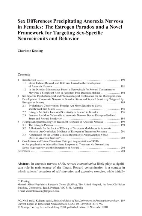 Pdf Sex Differences Precipitating Anorexia Nervosa In Females The Estrogen Paradox And A