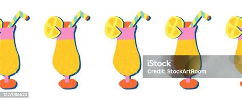 여름 칵테일 원활한 벡터 테두리 페이퍼 컷 콜라주 3d 스타일의 열대 칵테일 반복 패턴 과일 슬라이스와 빨대를 곁들인 이국적인 음료 여름 장식 바 메뉴 패브릭 트림 리본용