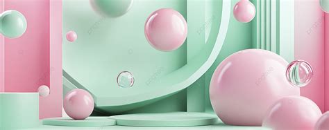 Abstract Pastel Design With 3d Spheres And Layered Shapes In Pink Green Creating A Modern