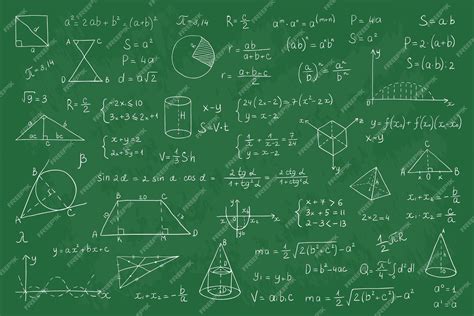 수학 방정식이 있는 칠판 칠판에 현실적인 분필 숫자 필기 수식 또는 함수 및 수학 작업을 해결하는 기하학적 모양 벡터 교육 배경