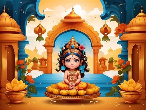 힌디어 캘리그라피 포스터카드와 함께 인도의 마슈타미 축제에서 마슈타미 크리슈나 신을 축하합니다 프리미엄 Ai 생성 이미지