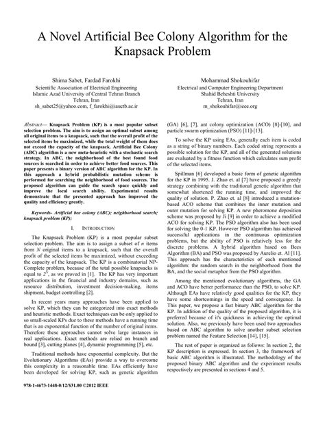 Pdf A Novel Artificial Bee Colony Algorithm For The Knapsack Problem