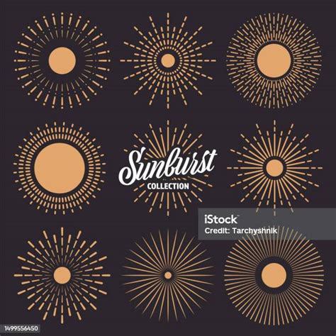 빈티지 햇살 일몰 광선 컬렉션 손으로 파열되는 태양 광선을 그렸습니다 복고풍 스타일의 로고 타입 또는 레터링 디자인 요소 벡터 그림 개체 그룹에 대한 스톡 벡터 아트 및