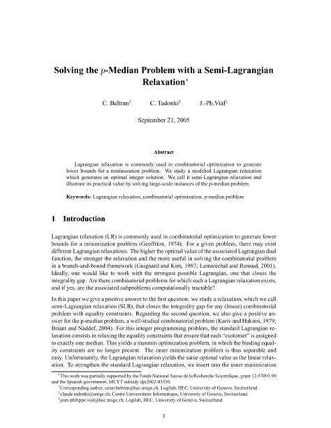 Solving The P Median Problem With A Semi Lagrangian Relaxation