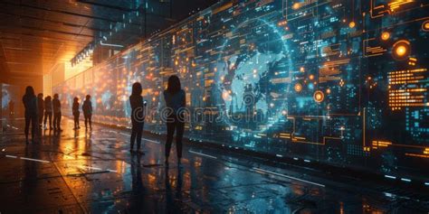 Team Of Professionals Analyzing Data On Multiple Futuristic Screens In