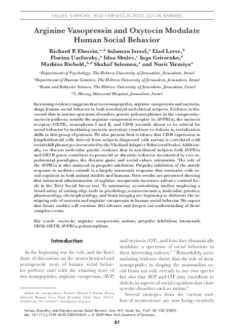 Pdf Arginine Vasopressin And Oxytocin Modulate Human Social Behavior