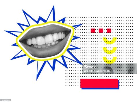 현대적인 디자인 현대 미술 콜라주 영감 아이디어 트렌디 한 도시 잡지 스타일 점선 배경에 통통한 입술을 가진 여성의 입 0명에