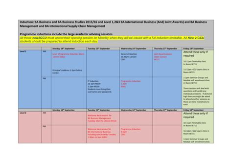 GCU Business Induction Timetable 2015 16
