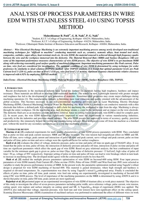 Pdf Analysis Of Process Parameters In Wire Edm With Stainless Steel 410 Using Topsis Method