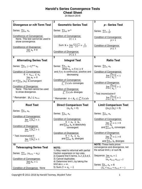 harolds series convergence tests cheat sheet 2016 pdf mathematical