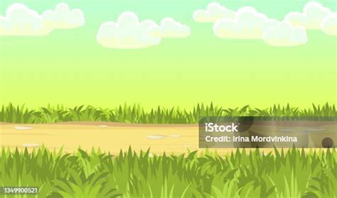 원활한 모래 도로 수평 테두리 구성 여름 초원 풍경 육즙이 많은 잔디 시골 소박한 풍경 만화 디자인 플랫 스타일 아트 일러스트 벡터 초목에 대한 스톡 벡터 아트 및 기타