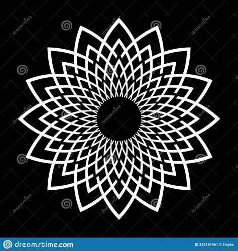 Abstract Geometric Radial Circle Pattern White Design Element On Black Background Stock Vector
