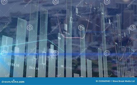 animation of graphs processing data over modern cityscape stock footage