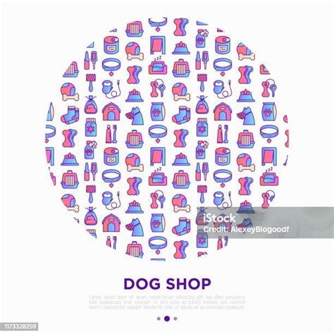 얇은 라인 아이콘으로 원에 개 가게 개념 운송 피더 장난감 문 치과 위생 총구 간식 위생 가방 건조 식품 젖은 음식 칼라 헤어 케어 벡터 그림입니다 가방에 대한 스톡 벡터