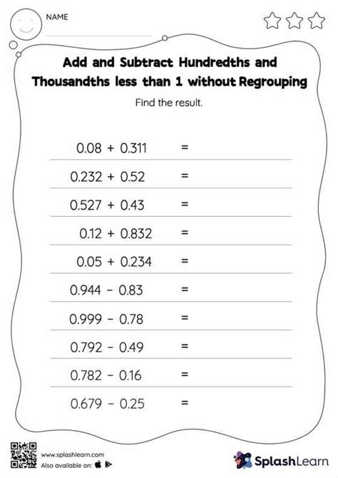 Add And Subtract Hundredths And Thousandths Less Than 1 Without Regrouping Horizontal Worksheet