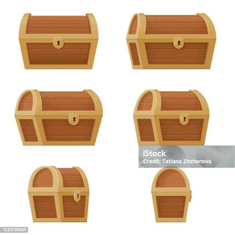 닫힌 뚜껑이있는 오래된 나무 가슴의 회전 해적 보물 빈티지 트렁크 만화 스타일 일러스트레이션 벡터 갈색에 대한 스톡 벡터 아트