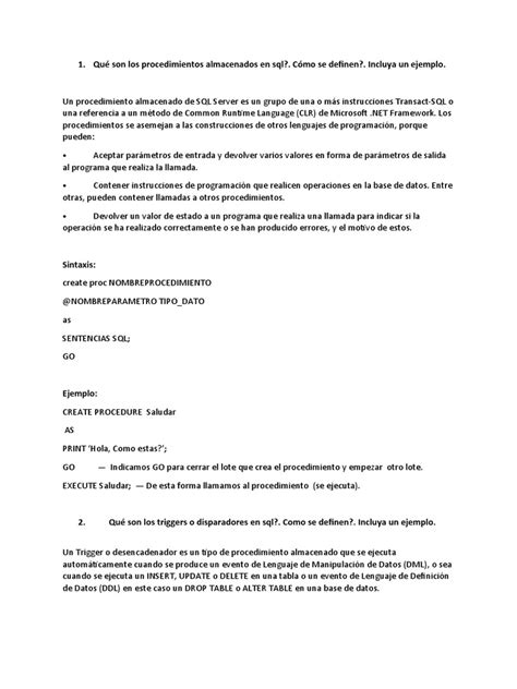 Procedimiento Almacenados Pdf Sql Servidor Sql De Microsoft