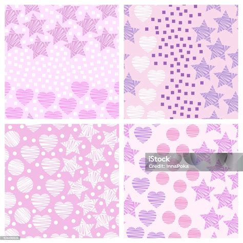 동그라미 별 하트 사각형 4 추상 완벽 한 패턴의 설정 벡터 일러스트 레이 션 배경입니다 개념에 대한 스톡 벡터 아트 및 기타 이미지 Istock
