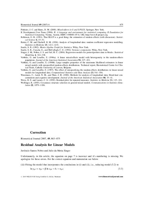 Pdf Residual Analysis For Linear Mixed Models