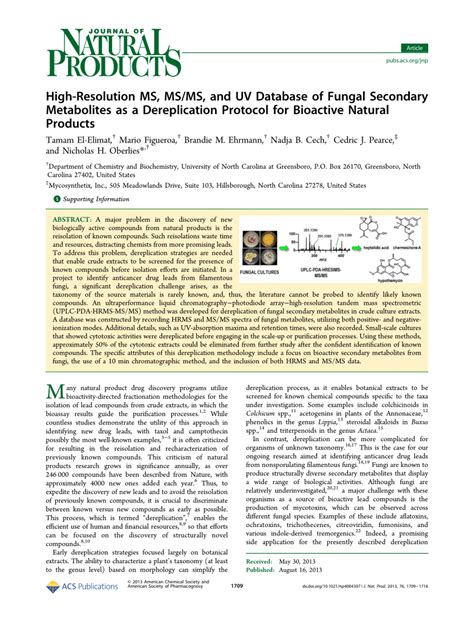 Pdf High Resolution Ms Ms Ms And Uv Database Of Fungal Secondary Metabolites As A