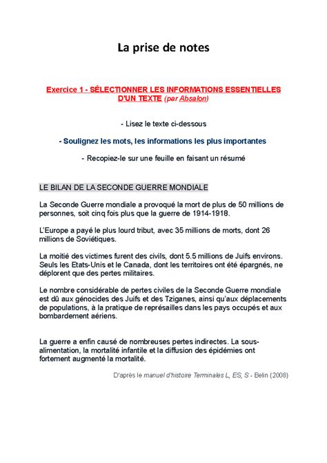 Exercice Sur La Prise De Notes 1 La Prise De Notes Exercice 1 SÉlectionner Les Informations