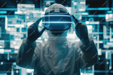 Premium Photo Future Scientist Uses Vr Mask With Augmented Reality