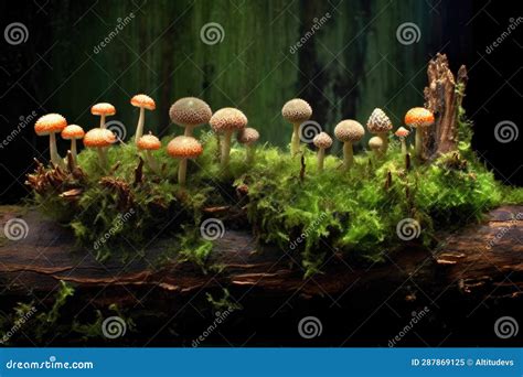 Spore Dispersion On A Mossy Log Showcasing Life Cycle Stock Image Image Of Forest Macro