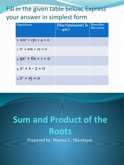 Sum And Products Of The Roots Of Quadratic Equation Pdf